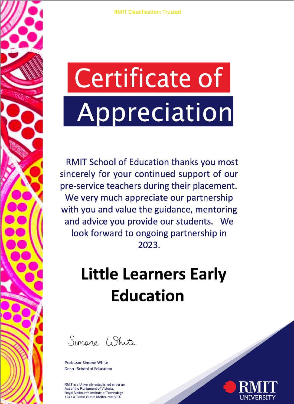 Congratulations to Little Learners who received the ‘Certificate of ...